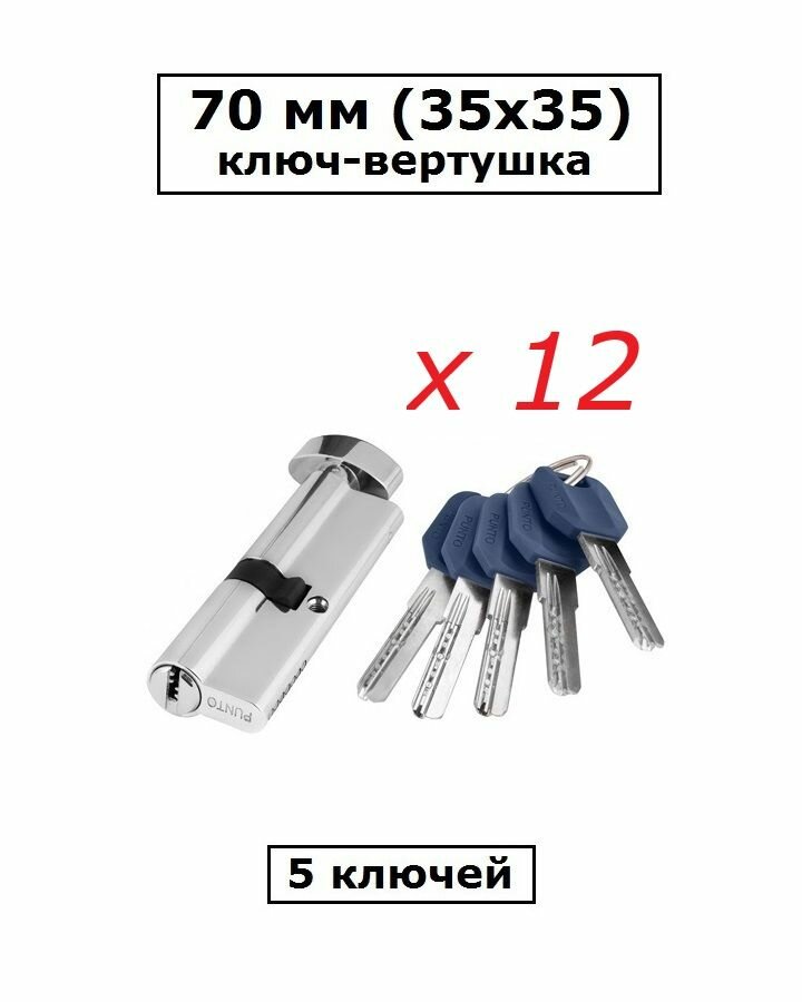 Комплект личинок замка 12 штук 70 мм (35х35) с вертушкой и перфоключами хром цилиндровый механизм Punto
