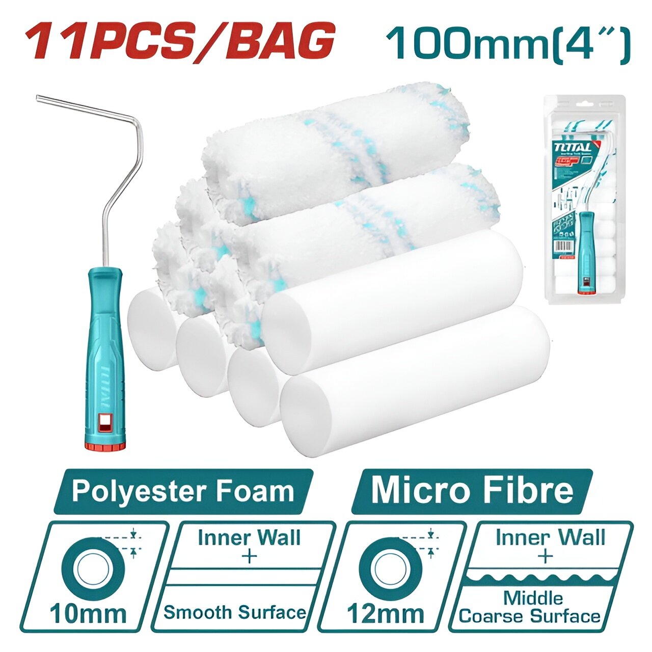 Набор малярных валиков 100 мм. (10 шт. + 1 ручка) TOTAL THT81121001