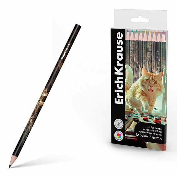 Карандаши Erich Krause 12 цветов, "Big City Cats", круглые, 3 мм, пэт-бокс