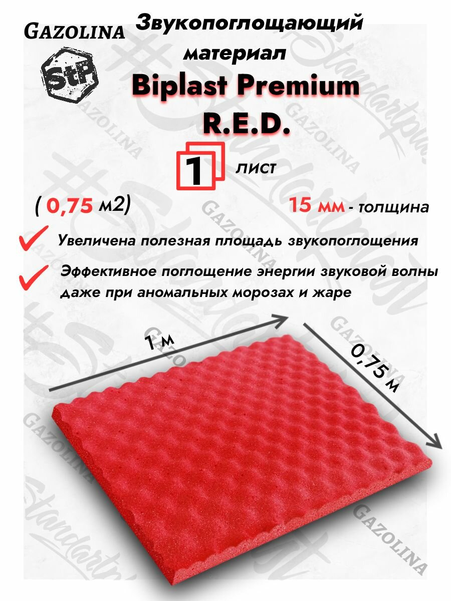 Акустический поролон StP Biplast RED 15 Premium 15мм (1мх0,75м) 1 л / Шумоизоляция Волна / СТП Бипласт рэд премиум15 мм
