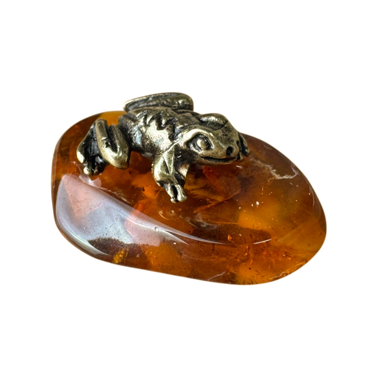 Фигурка Лягушка маленькая из латуни и янтаря 0,5х1,3х1,4см LY-360105