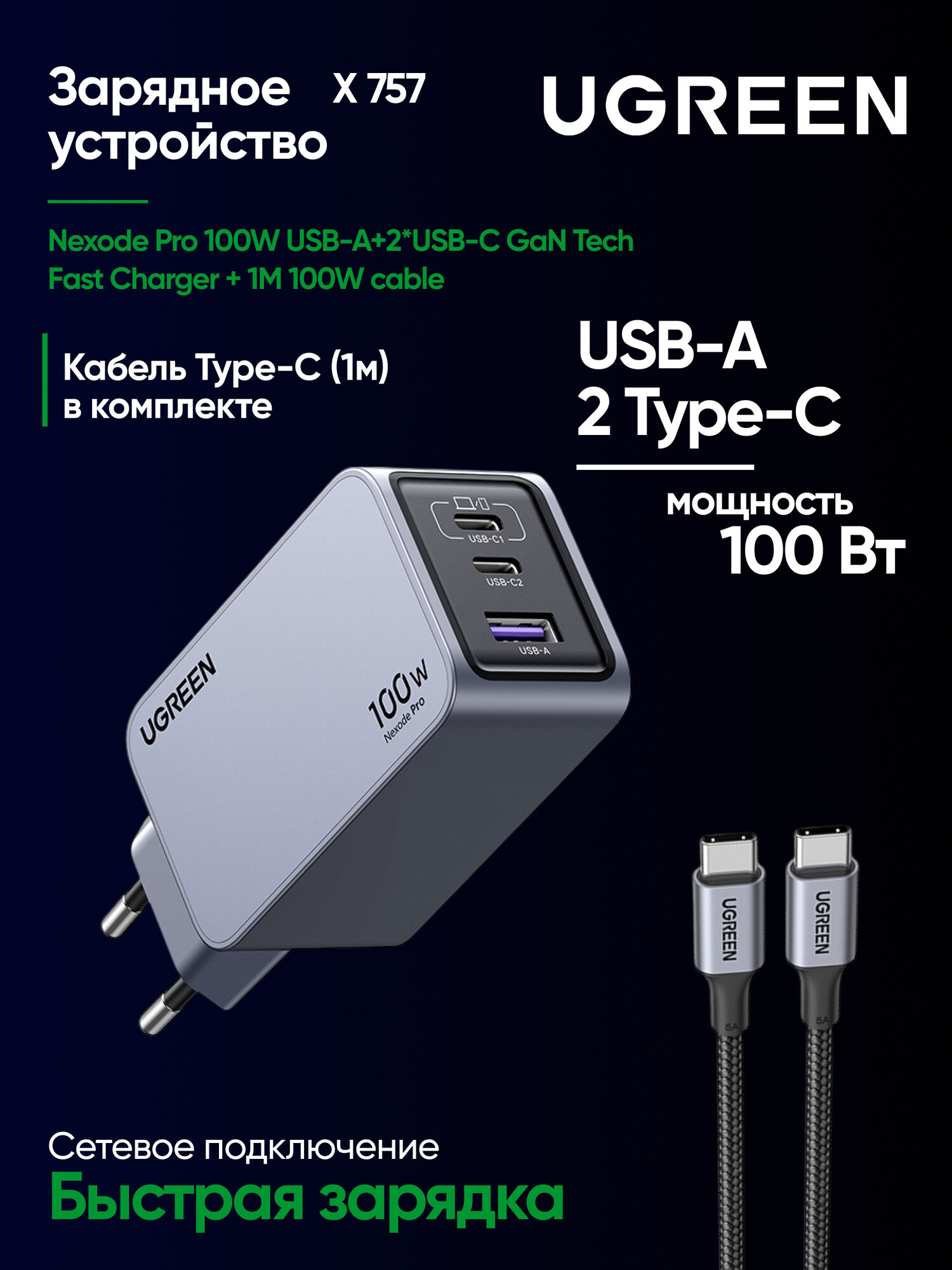 Зарядное устройство UGREEN X757 (25874) Nexode Pro 100W USB-A+2*USB-C GaN с кабелем 1M 100W. Цвет: серый