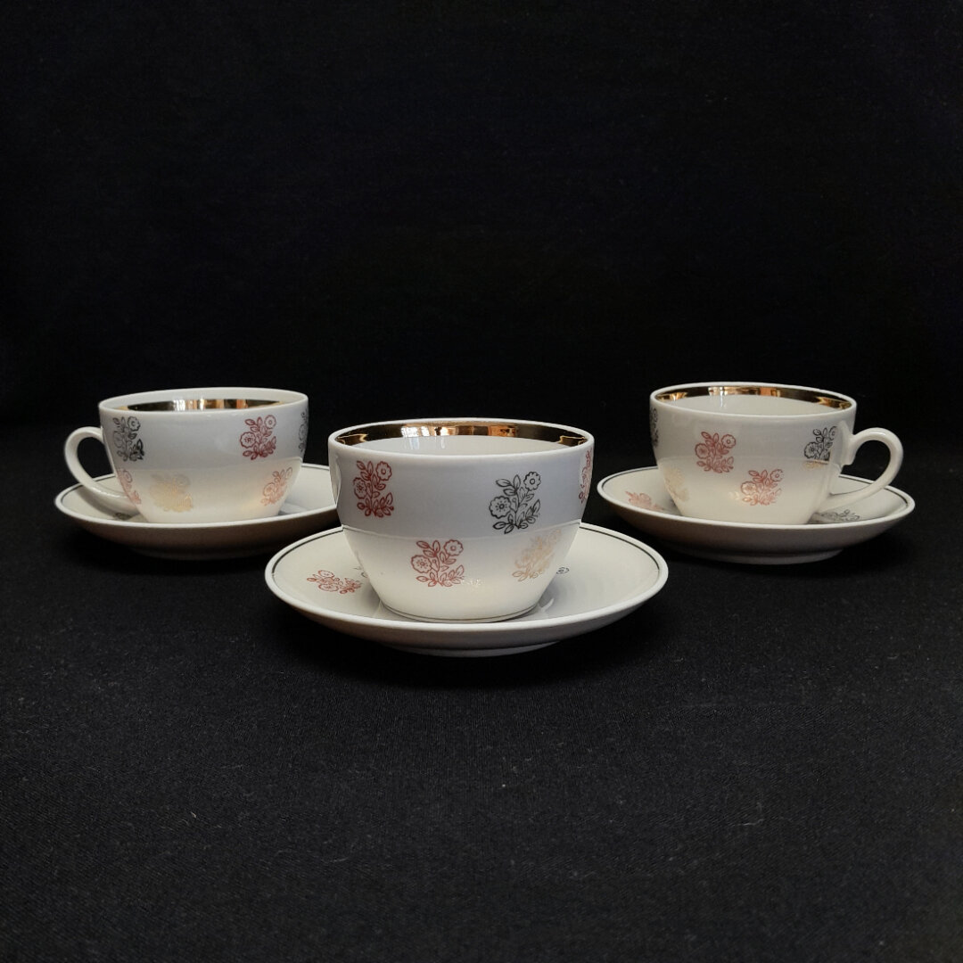 Набор чайных пар на 3 персоны, Полонное, фарфор, деколь, позолота, 200 мл. Винтаж, СССР.