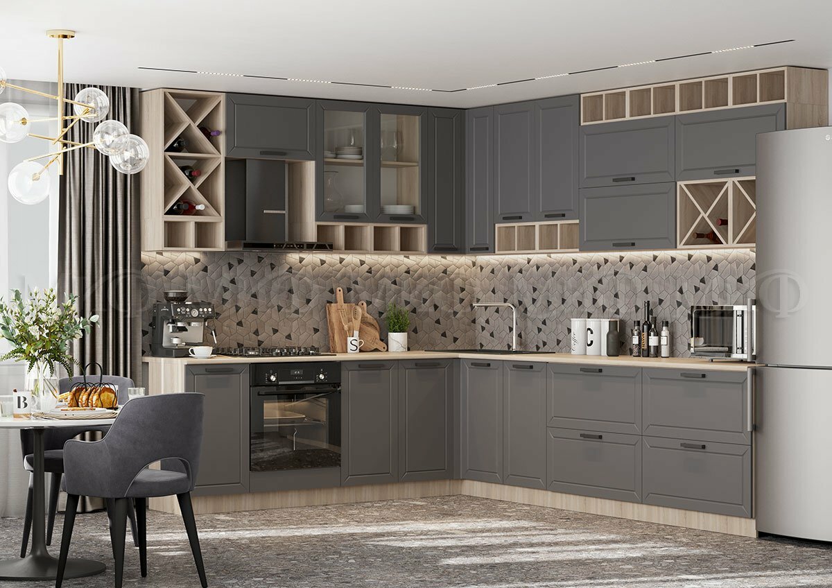 Кухня угловая Миф Монако МДФ 2,4х3,0м Графит софт /Столешница Антарес 26мм