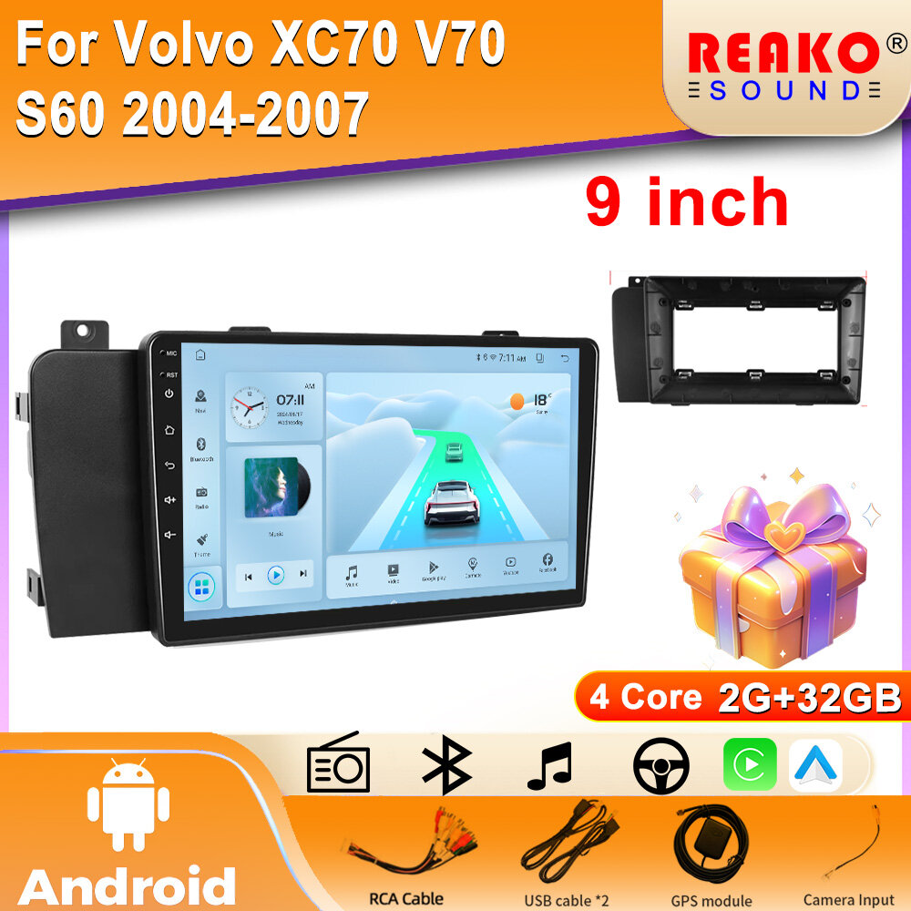 Магнитола для Volvo XC70 V70 S60 2004-2007 , 4 ядерный процессор 2/32Гб ANDROID 10, QLED экран 9 дюймов, Wifi