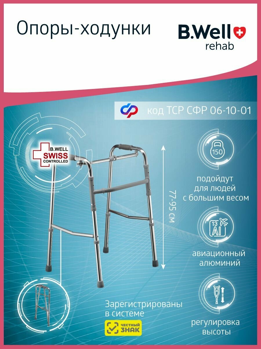 Ходунки для взрослых и пожилых, инвалидов B.Well WR-211 шагающие классические складные, с регулировкой высоты