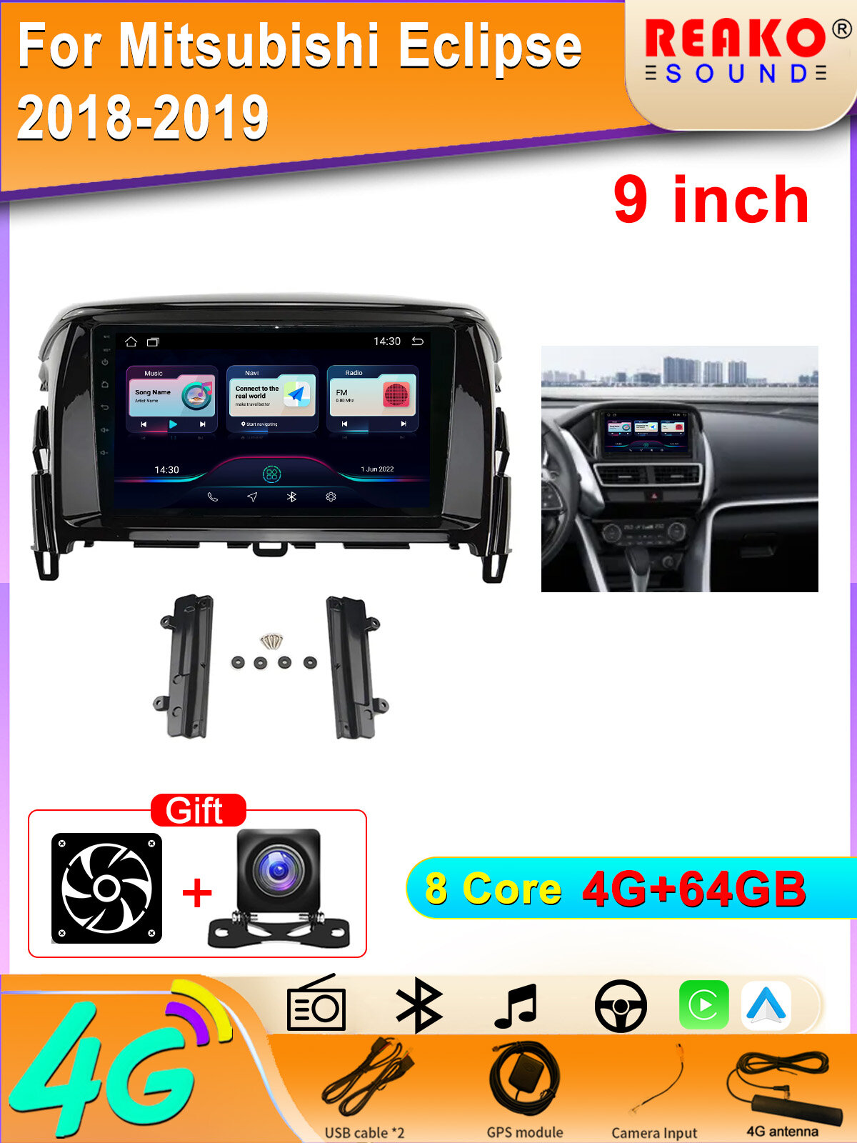 Магнитола для Mitsubishi Eclipse 2018-2019 , с камерой заднего вида. IPS экран 9 дюймов, Wifi 2din с сенсорным экраном, usb и блютузом.