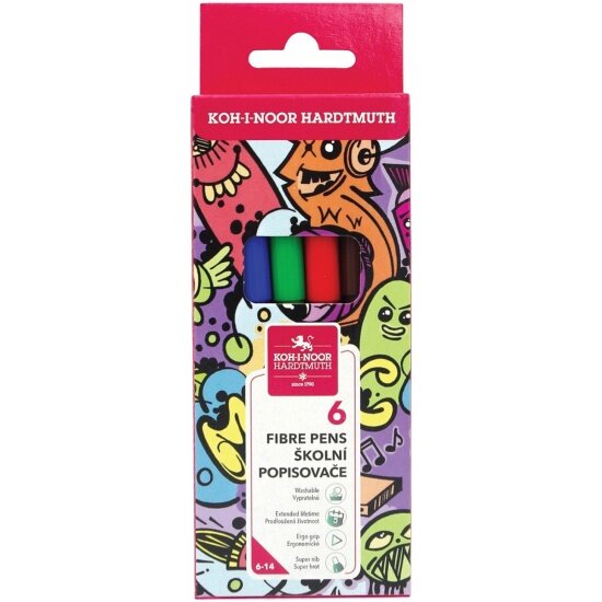 Фломастеры Koh-i-noor "TEENAGE" 1002, 6 цветов, смываемые, картонная упаковка, европодвес, 771002JF23KS