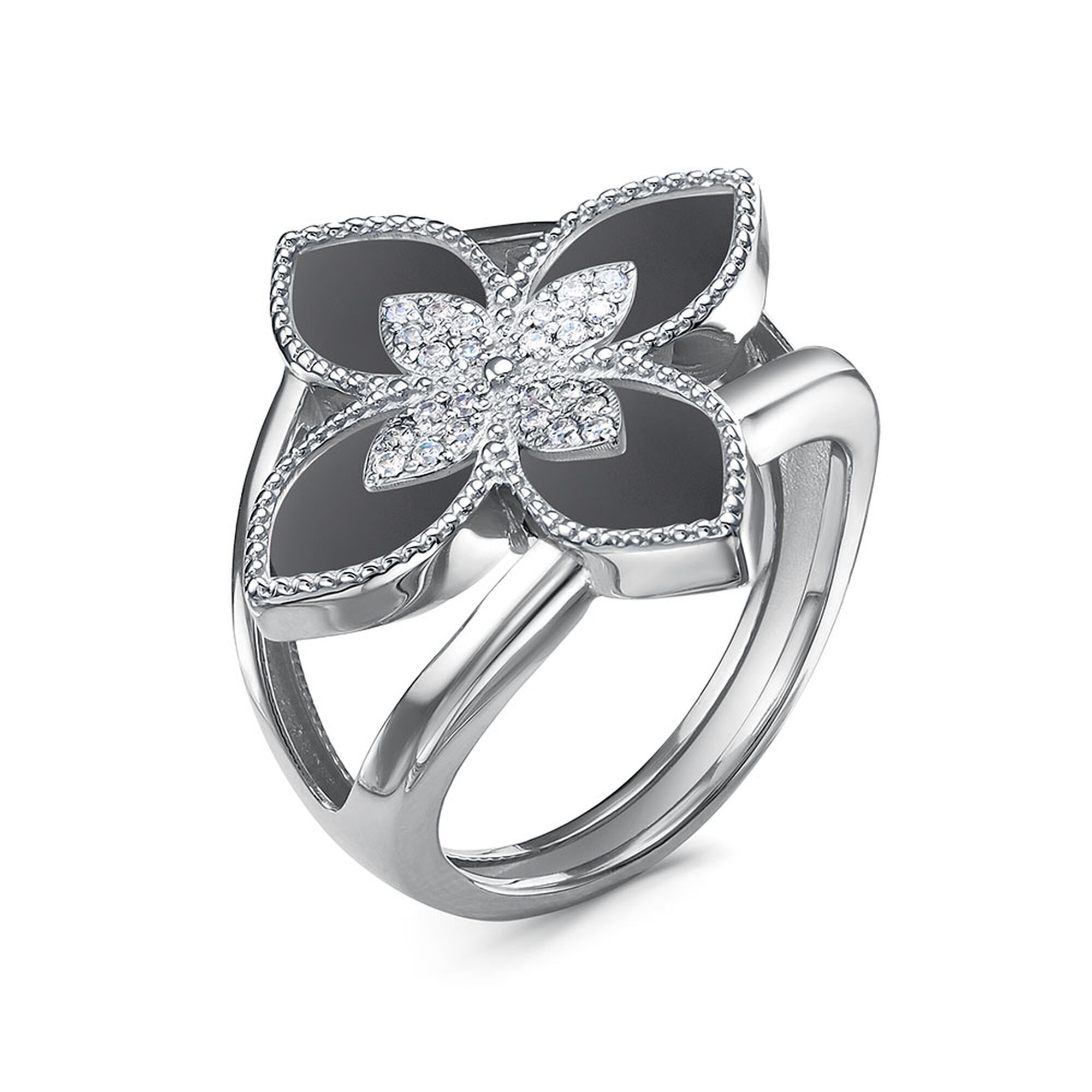 Кольцо, серебро, 925 проба, родирование, фианит, оникс