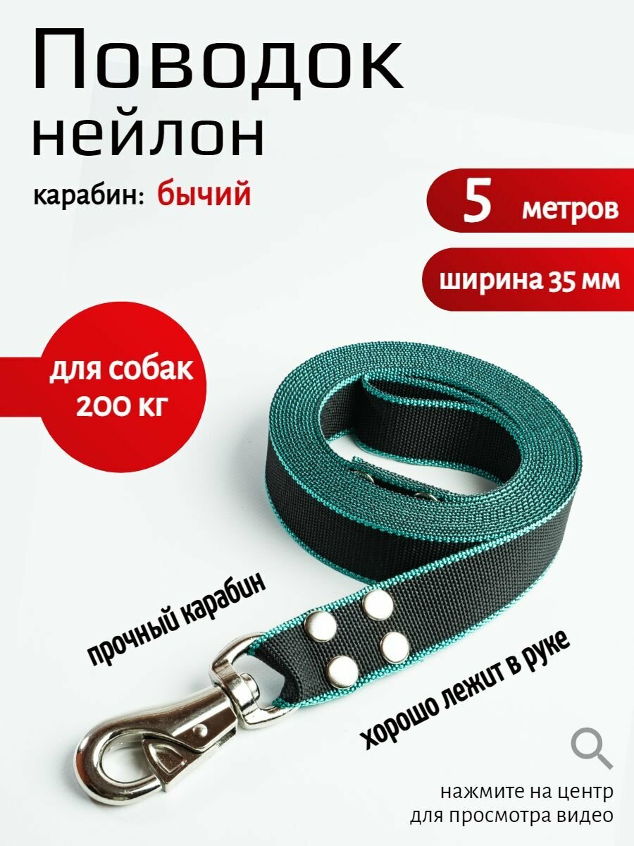 Поводок Хвостатыч для собак с бычьим карабином нейлон 5 м х 35 мм (зелено-черный)