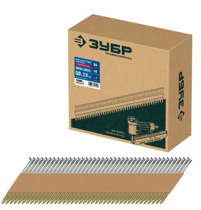 Реечные гвозди рифленые оцинкованные SN34(D34) 50х2.8 мм,5000 шт, ЗУБР 305399-50