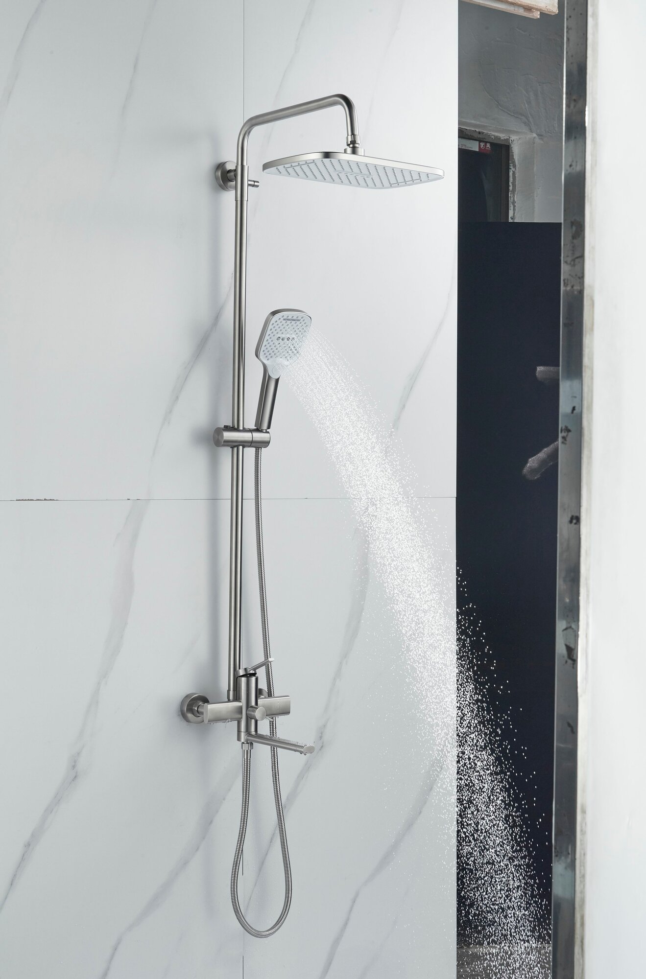 Душевая стойка "Зонт" со смесителем и тропическим душем OUTE нержавеющая сталь SUS 304