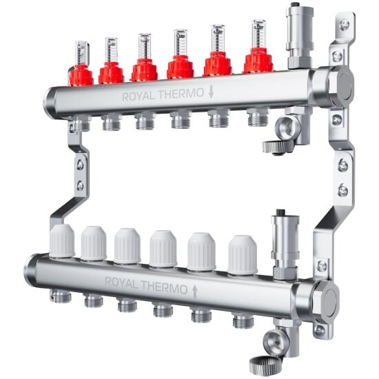 Коллектор Royal Thermo с расходомерами 1" ВР-3/4" НР с автомат. воздухоотвод-ми 2 вых.