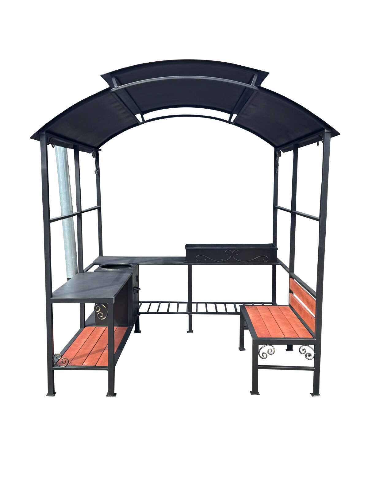 Мангал неразборный беседка для дачи с крышей лофт с печкой, лавочкой скамейкой Kovmangal Ницца 220 х 190 х 190см