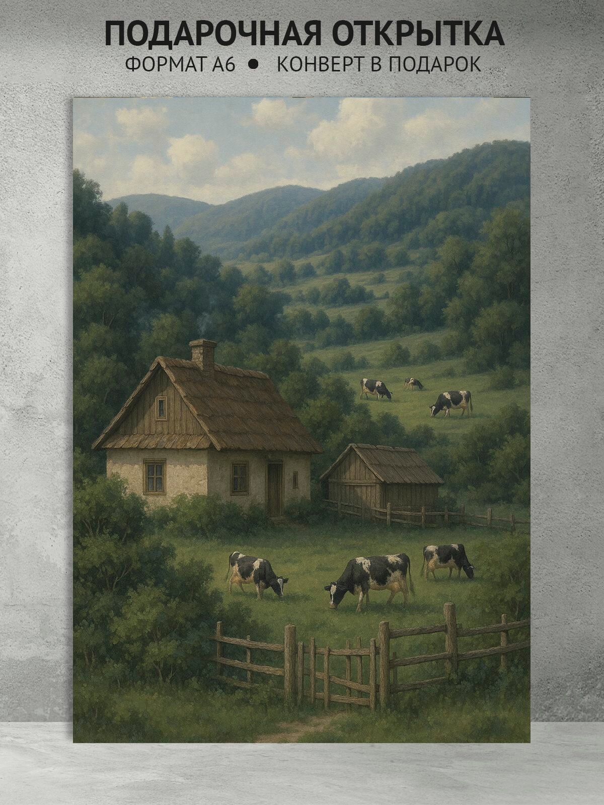Подарочная открытка с днем рождения, коллекционная открытка с уникальной иллюстрацией "Деревня"