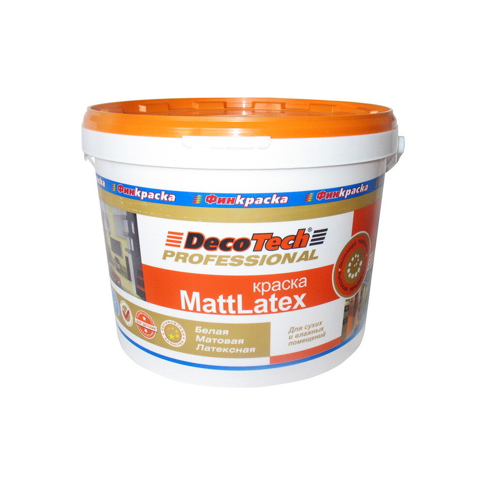 Краска DecoTech MattLatex, латексная, матовая, быстросохнущая, белая, 9л