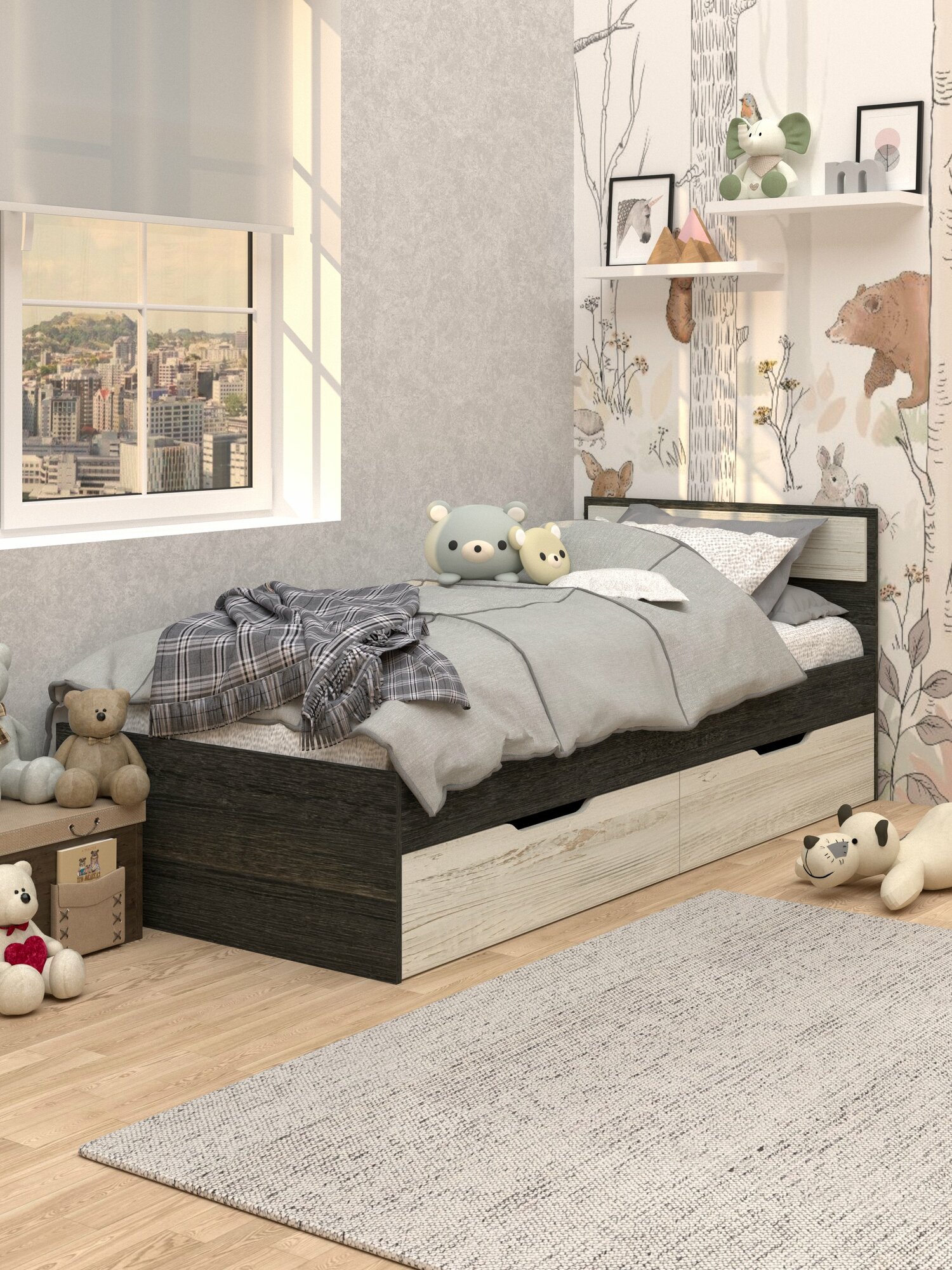 Есэндвич Монако Кровать 90х200 односпальная 203х78х93 см (Дуб интра/Сосна винтерберг) с ящиками