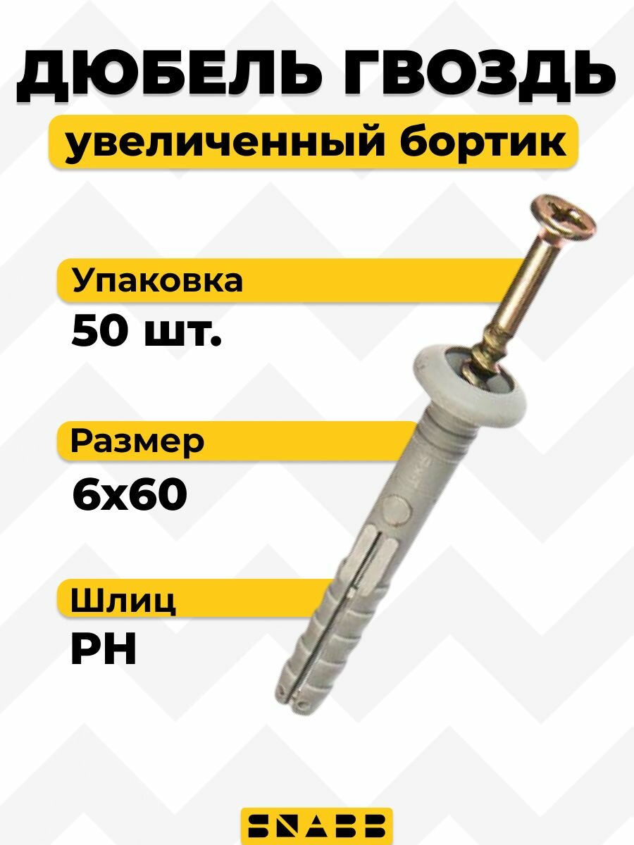 Дюбель гвоздь увеличенный бортик (гриб) 6х60 (Упак (50 шт))
