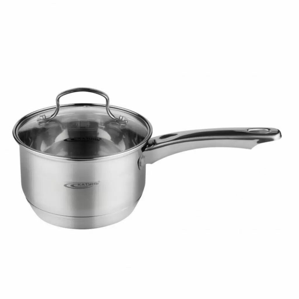 Ковш Катунь нержавеющий 1,8 л со стеклянной крышкой и ручкой из нержавеющей стали, подходит для индукции, модель "Гамма"