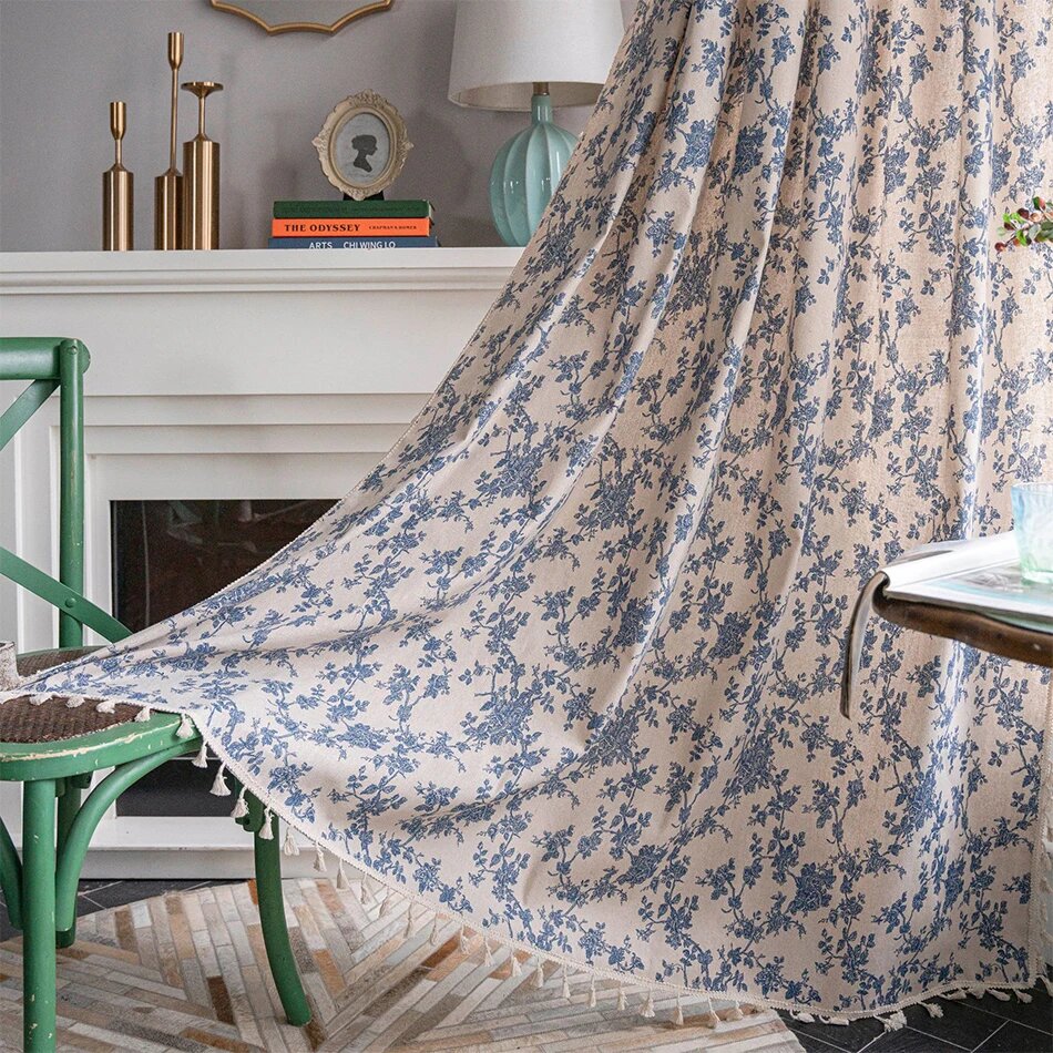Полупрозрачные шторы из полиэстера и хлопка корейского стиля W140xH260cm, Blue flower