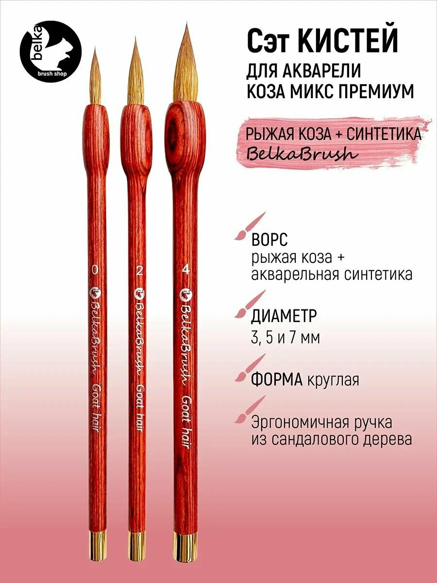Кисть для акварели коза микс премиум BelkaBrush сет 0,2,4