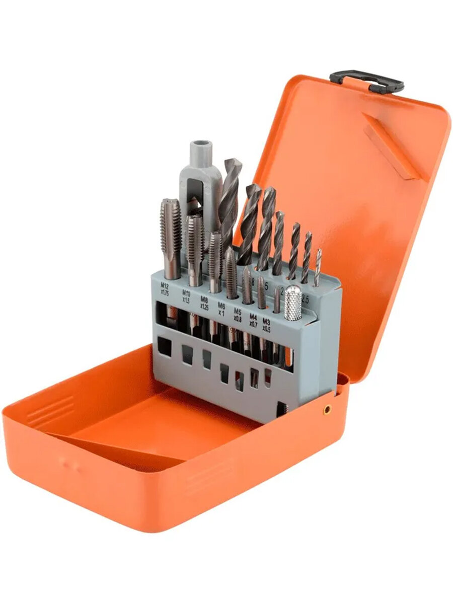 Набор метчиков М3-М12 с воротком и сверл 2.5-10.2мм 15предметов метал/ф 523015 BERIL