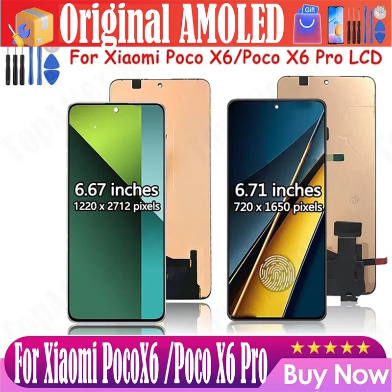 Оригинальный 6,67 "AMOLED для Xiaomi PocoX6/Poco X6 Pro Pantalla ЖК-дисплей с цифровым преобразователем сенсорного экрана в сборе, запасные части X6 Black Frame