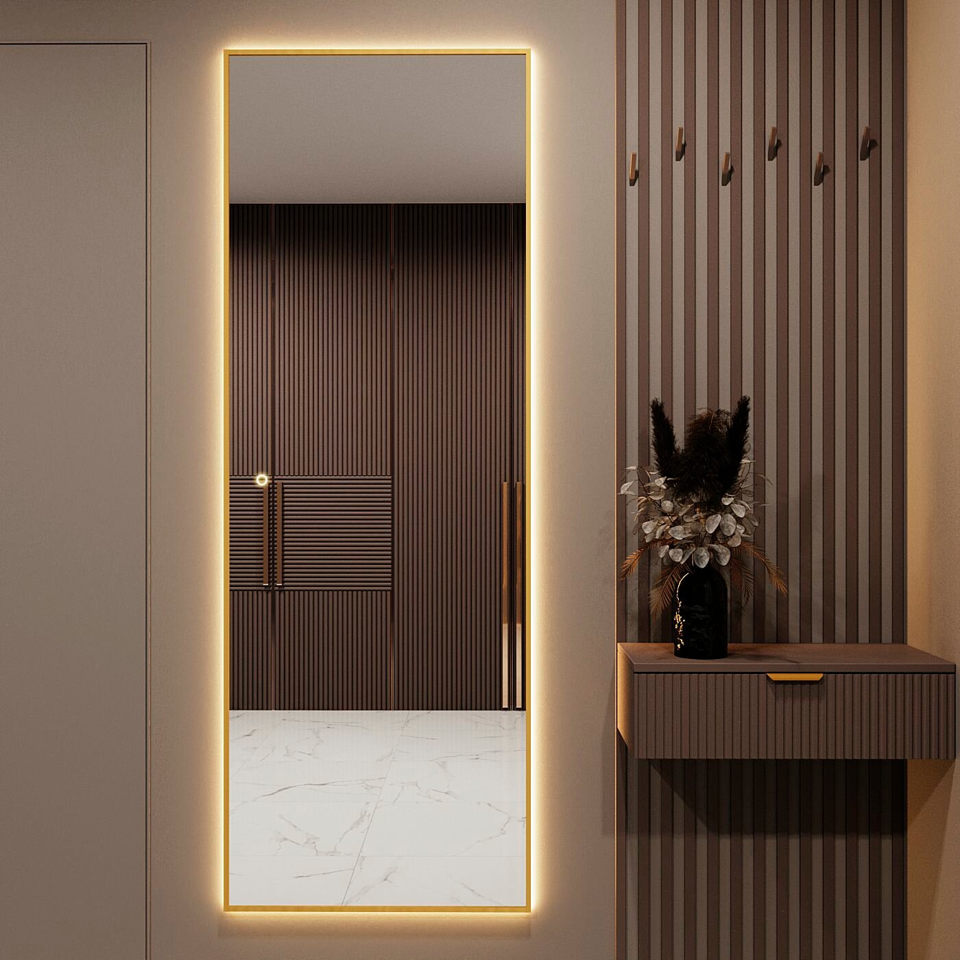 Зеркало настенное 170х60 см. BLX MIRROR с подсветкой сенсорное в алюминиевой раме, Золото