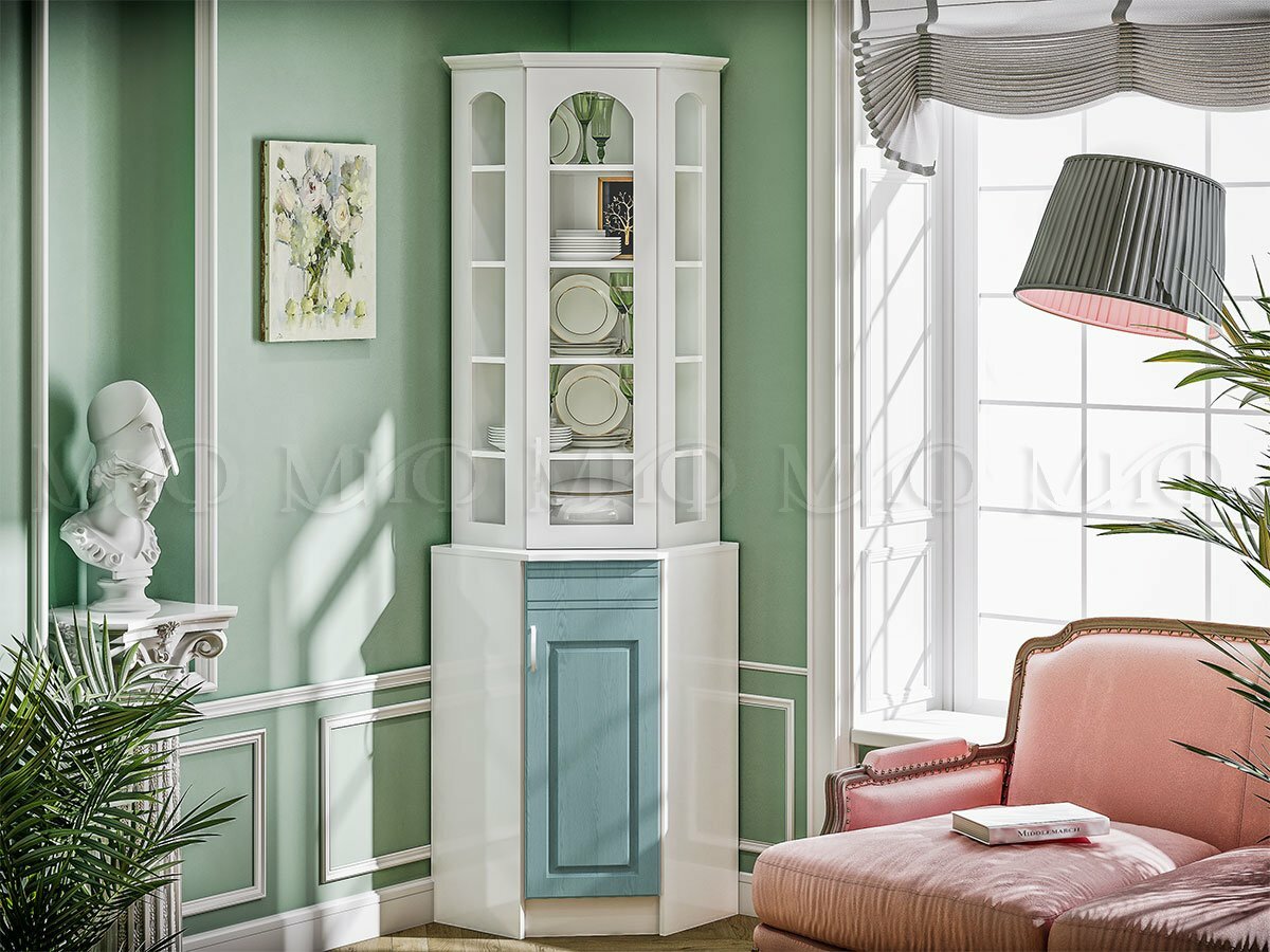 Буфет угловой Констанция (Белый матовый/Голубой, Белый) (Миф)