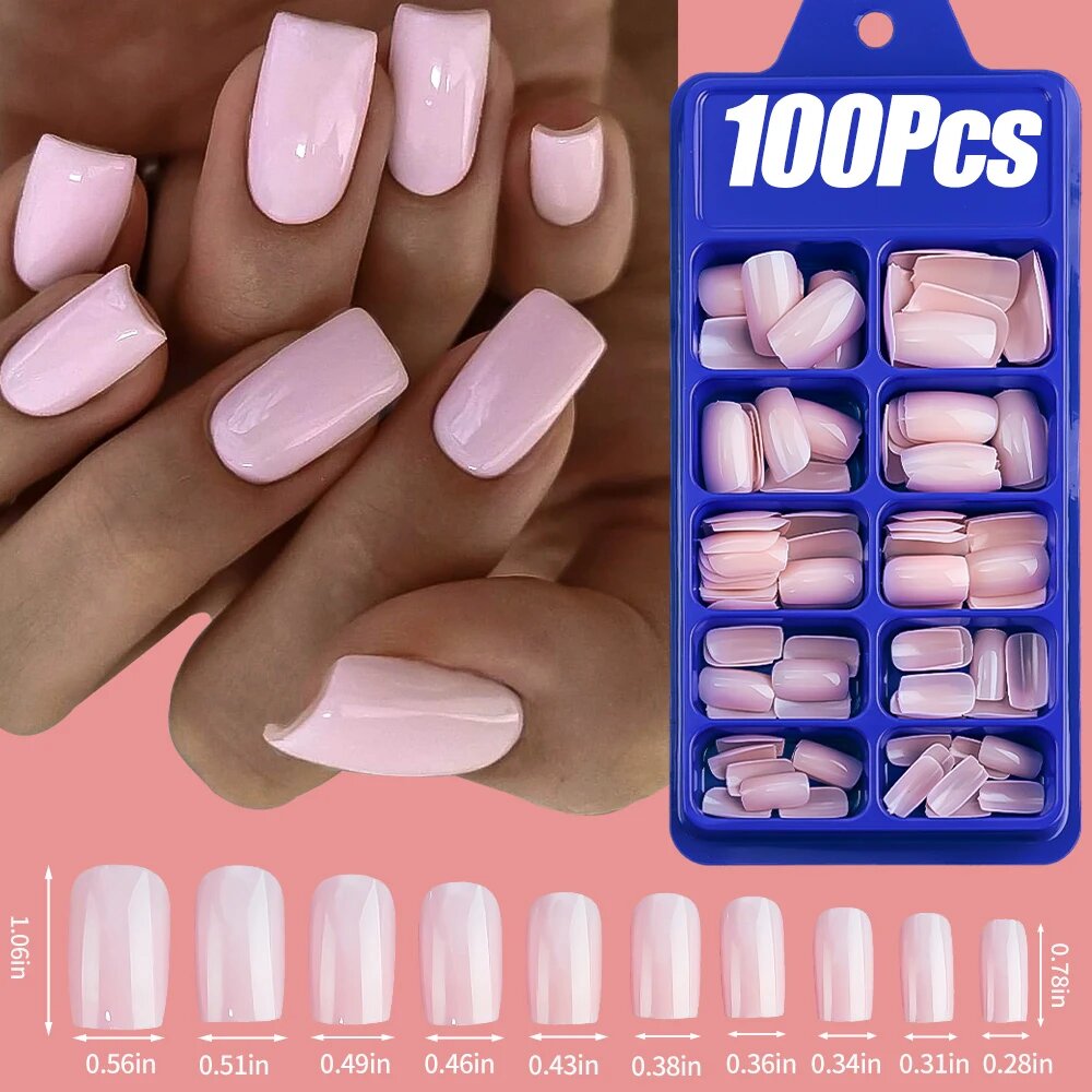 Накладные ногти HotPress короткие квадратные белые/розовые white square100pcs