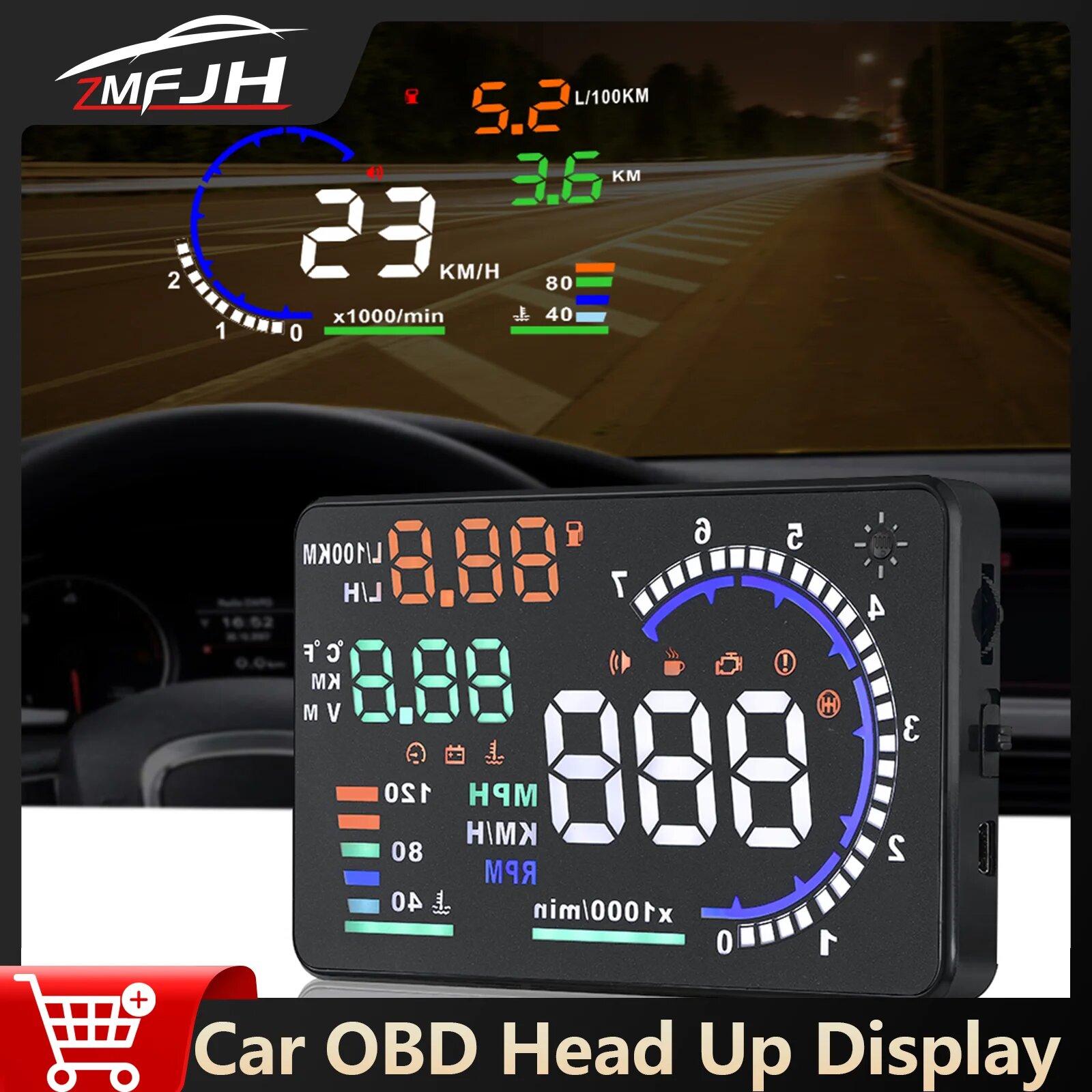 A8 5,5 'OBD2 автомобильный проекционный дисплей для HUD, проектор на лобовое стекло, цифровой спидометр, температура воды, обороты, напряжение, усталость, сигнализация вождения