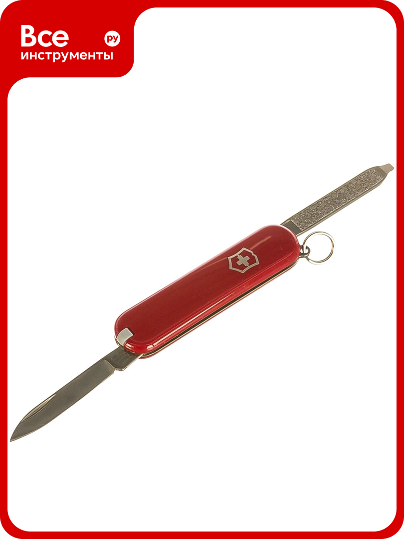 Нож-брелок Victorinox Classic Escort, нержавеющая сталь, пластиковая рукоятка, пинцет и пилка для ногтей, красный
