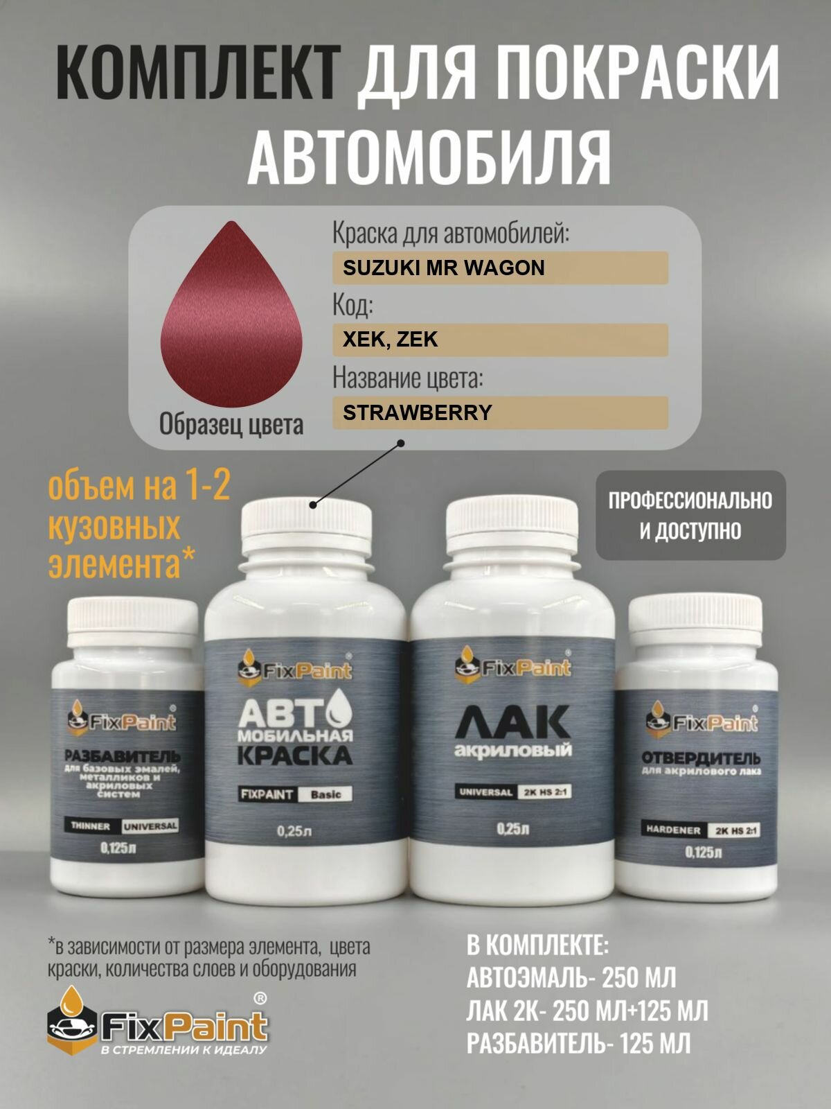 Комплект для покраски SUZUKI MR WAGON, код XEK, ZEK, STRAWBERRY, базовая автомобильная краска 250 мл, лак 2K 250 мл с отвердителем, разбавитель 125 мл, FixPaint Pro