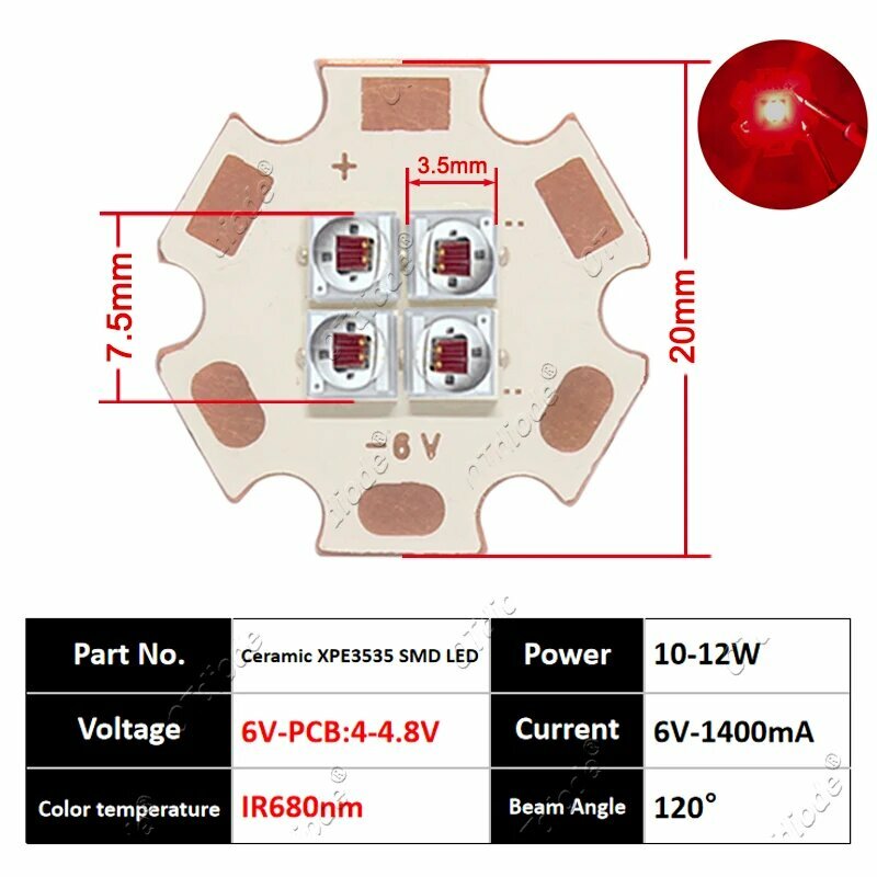 ИК светодиод OTdiode 10 Вт 660/730/760/810/850/940 нм 680nm 4-4.8V