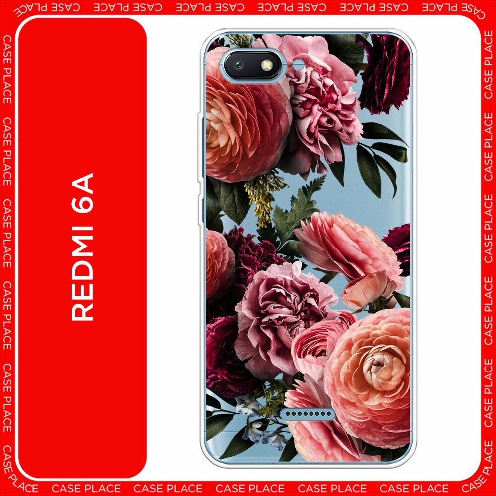 Чехол на Xiaomi Redmi 6A / Сяоми Редми 6А с принтом "Бордовые винтажные цветы", прозрачный