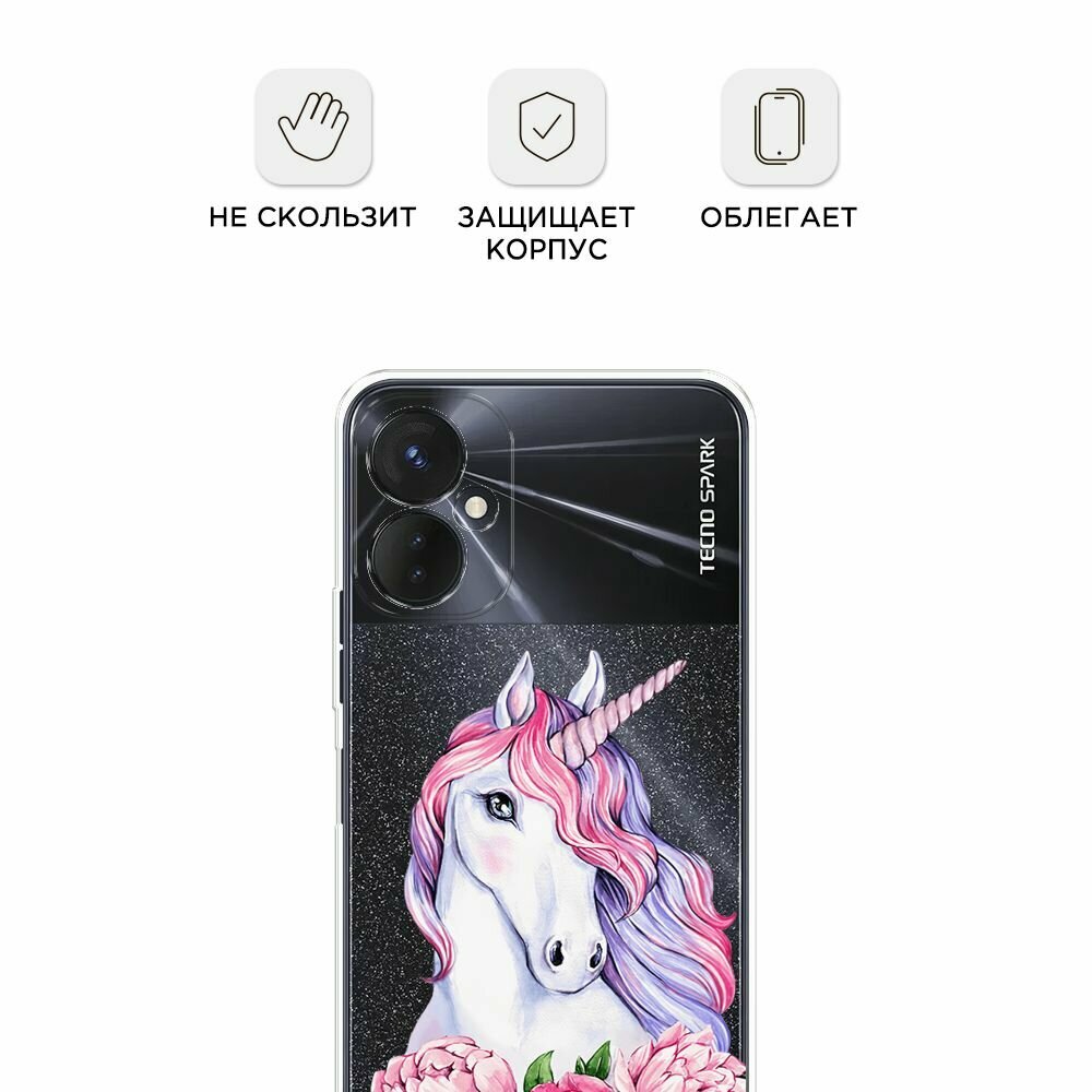 Чехол на Tecno Spark 9 Pro / Техно Спарк 9 Про с принтом "Единорог с пионами", прозрачный — фото 1