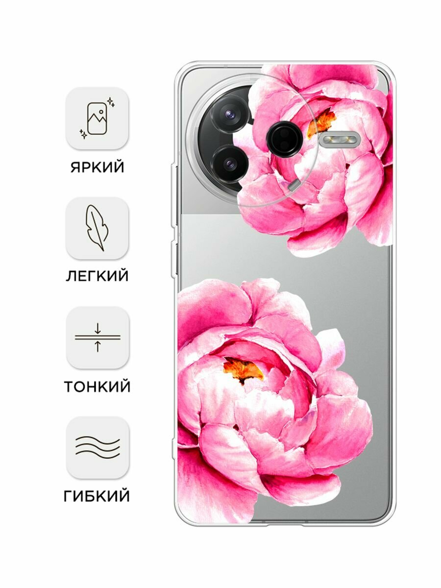 Чехол на Poco F7 Pro / Поко F7 Про с принтом "Open peonies", прозрачный — фото 1