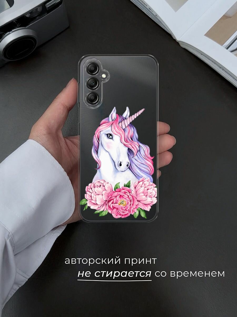 Чехол на Samsung Galaxy A15 / Самсунг А15 с принтом "Единорог с пионами", прозрачный — фото 1