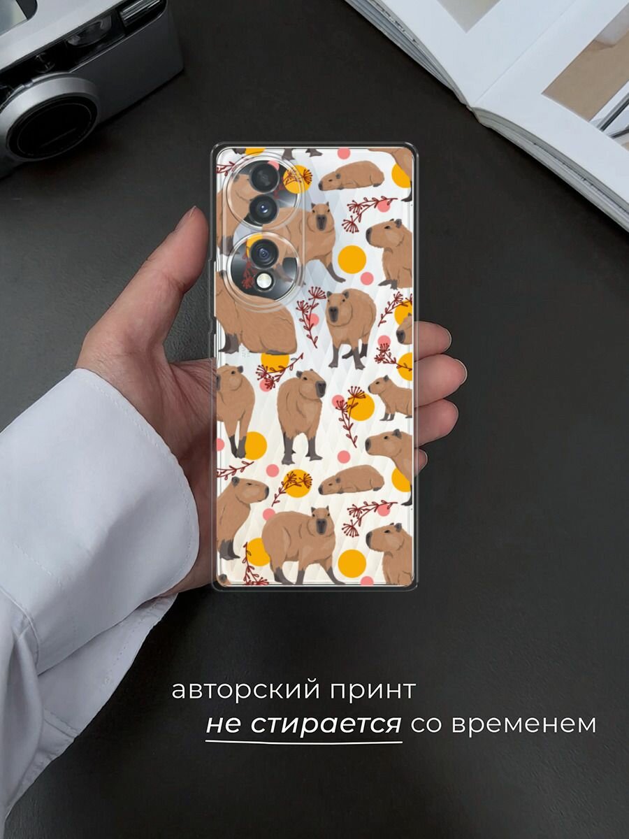 Чехол на Honor 70 / Хонор 70 с принтом "Капибара паттерн", прозрачный — фото 1