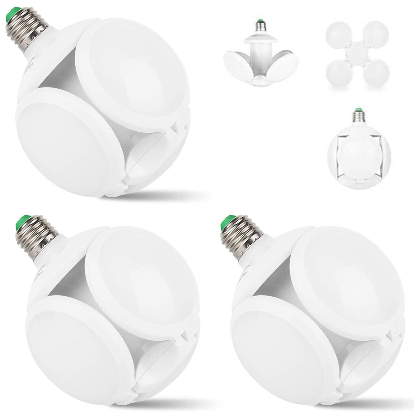3 Pack Лампа светодиодная для магазина E27 Булб складная футбольная 40W деформируемая для гаража свет дневной белый 4 регулируемых панели 6500K потолочная LED для завода дом кухня спальня торговый центр склад освещение E26 110V 2835 2100lm ABS+PP PP не
