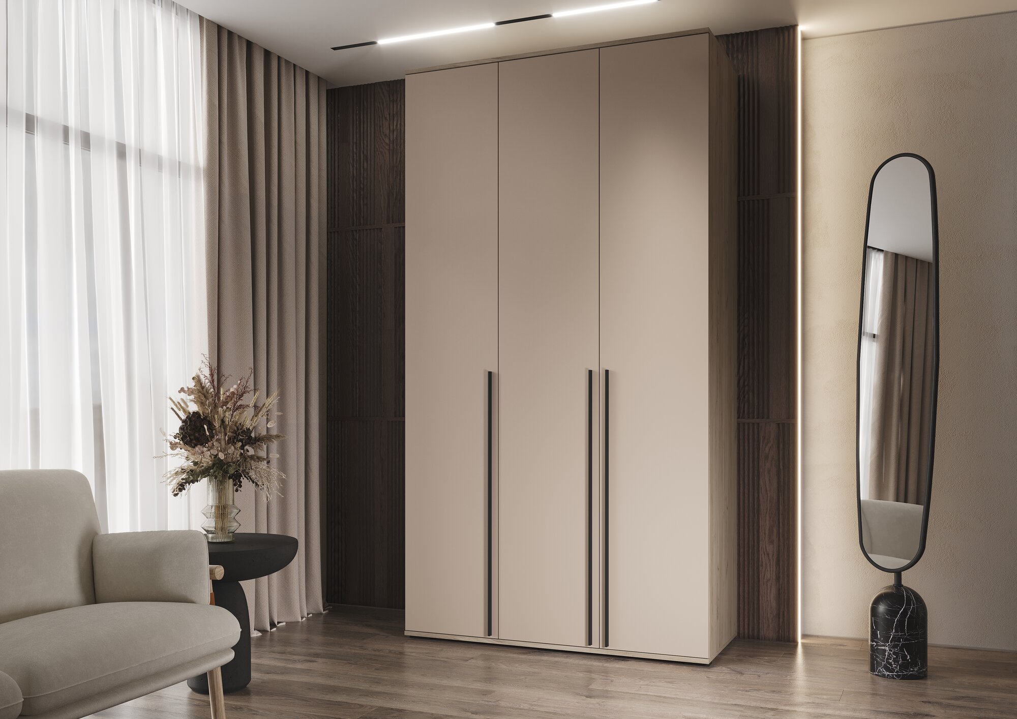 Шкаф МИФ "Норд", ЛДСП, 1200 x 223,6 x 51 см, трехстворчатый, кашемир/дуб крафт серый ( черные ручки)