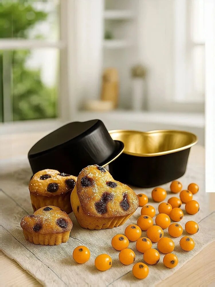 Форма для выпечки без крышки алюминиевая "Сердце", кексов тарталетка черный/золотой для маффина 90 шт, 100 мл, 8.8 см. Garcia de Pou Испания