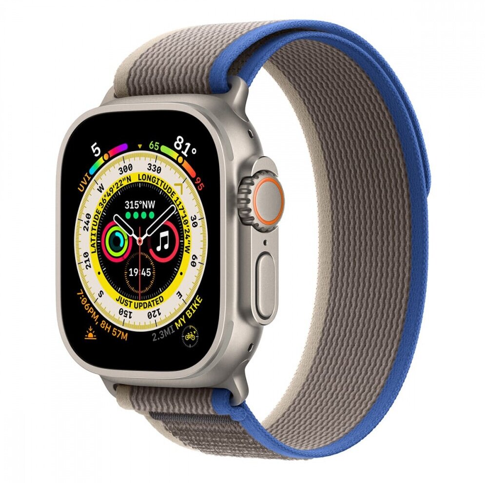Apple Watch Ultra, 49 мм корпус из титана цвета «Natural», ремешок Trail Loop размера S/M цвета «Blue/Gray»