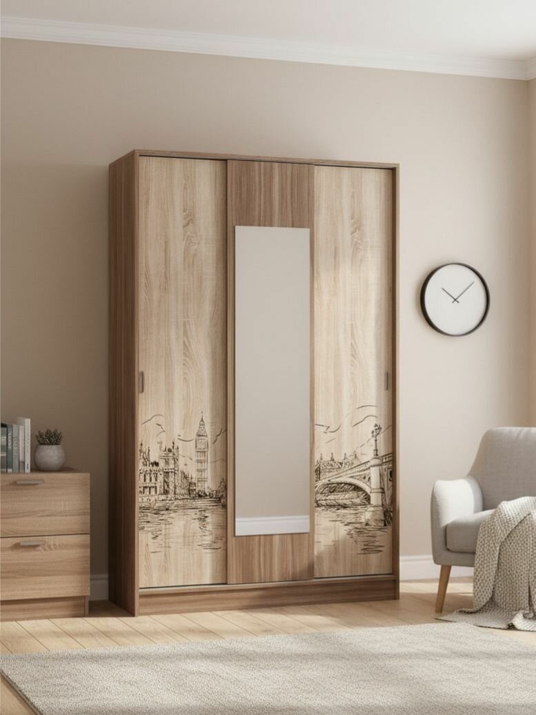 ARNIKA Шкаф-купе с рисунком и зеркалом 140см, ясень шимо
