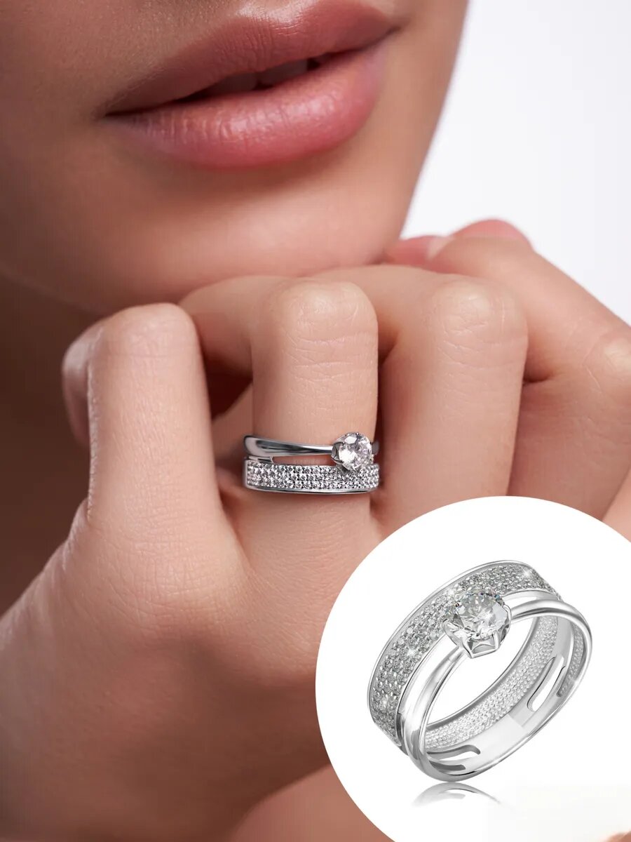 Кольцо помолвочное, серебро, 925 проба, родирование, фианит