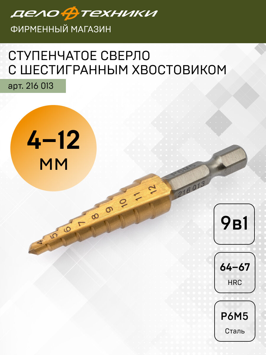 Сверло ступенчатое по металлу Дело Техники с шестигранным хвостовиком Ø4-12мм, 216013