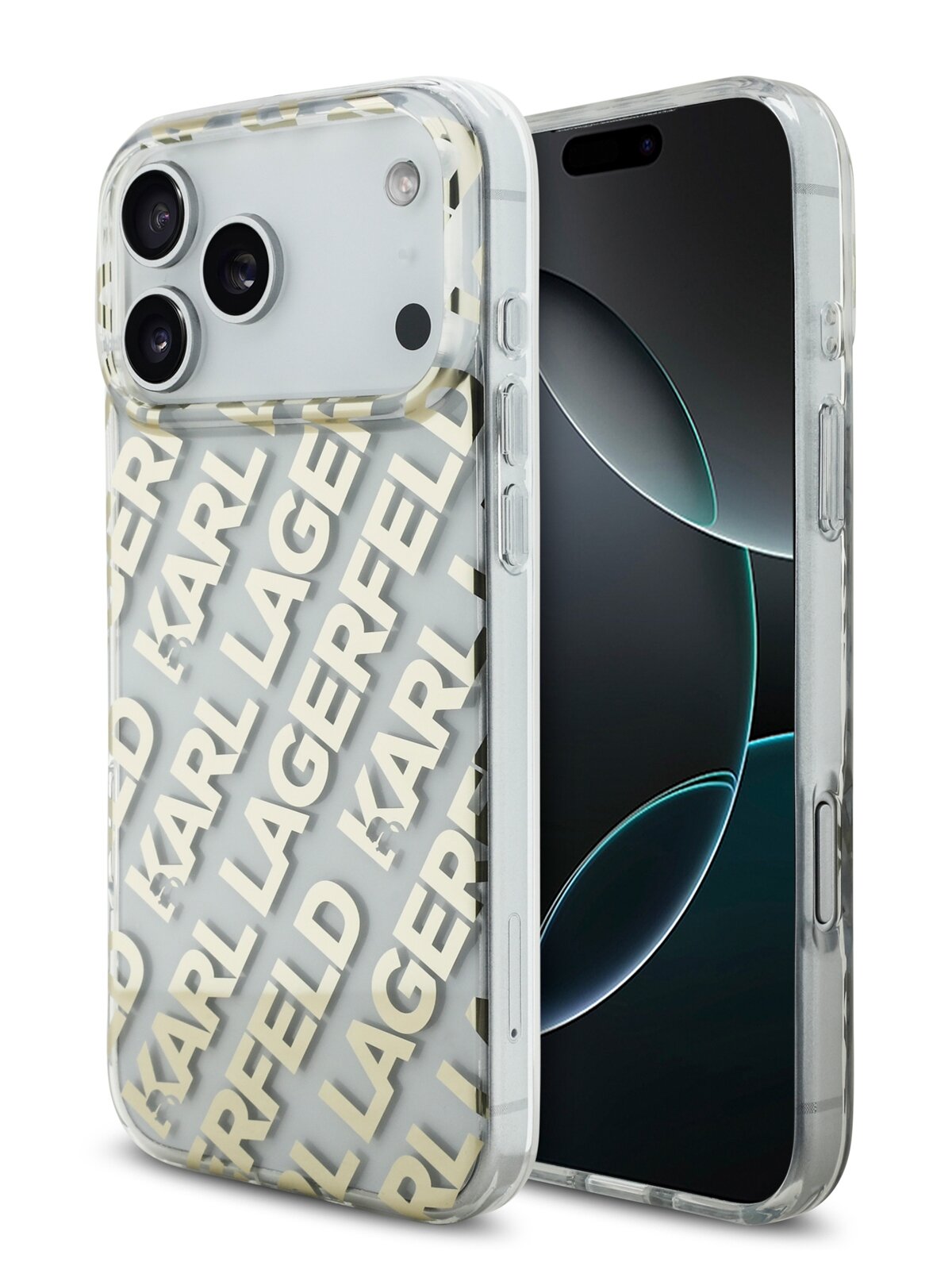 Karl Lagerfeld чехол для iPhone 17 Pro Max, IML принт Repeat Logo, прозрачный/золотистый