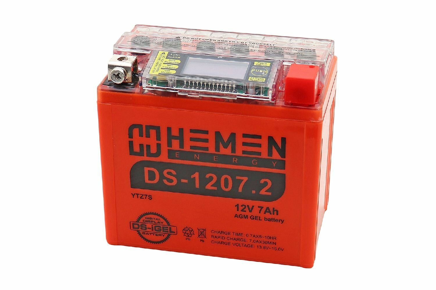 Аккумулятор 12В 7Ач HEMEN ENERGY DS1207.2 (YTZ7S) С дисплеем (гелевый) (обр. полярн) (113*70*107)