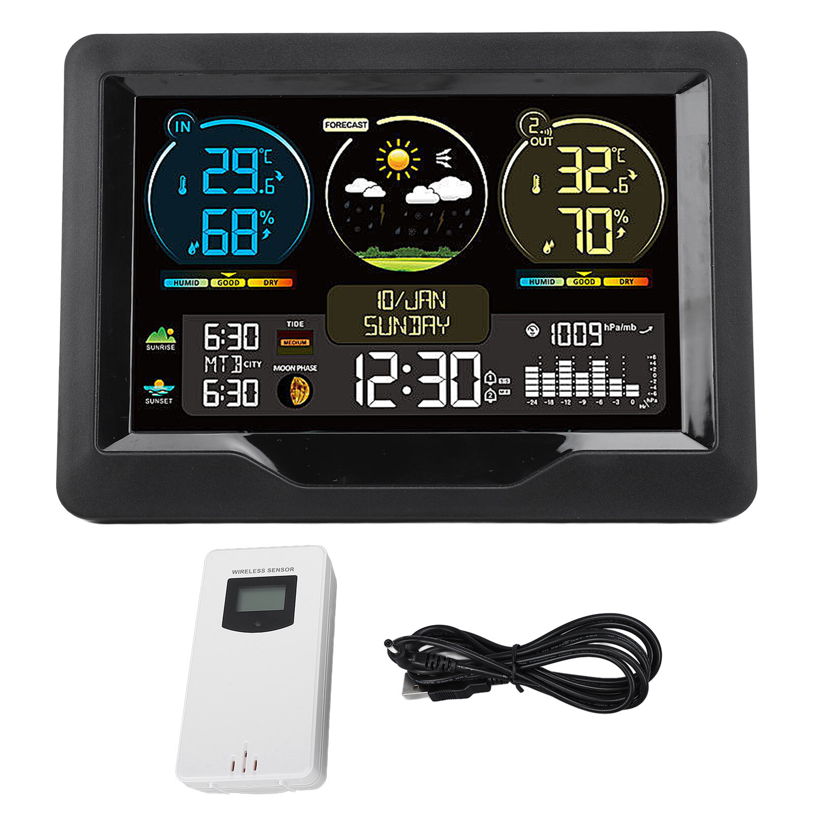 Цифровой погодный термометр, беспроводной погодный монитор температуры и влажности с электрическими часами Sunup Sundown