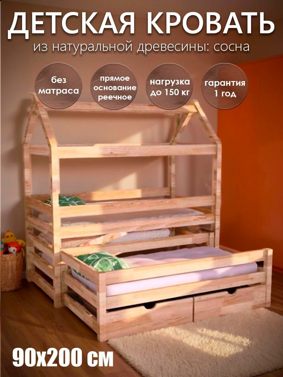 Детская двухъярусная кровать-домик Сати из сосны 90x200
